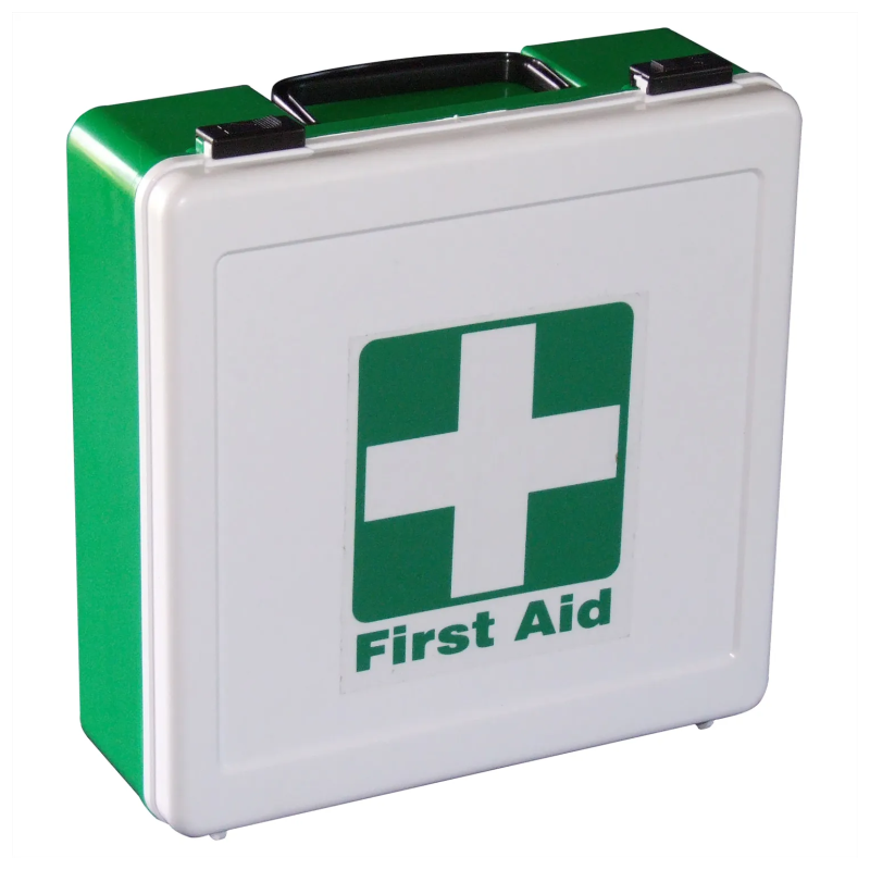 Green and White plastic suitcase first aid kit box.